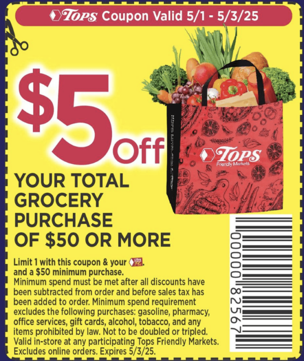 Tops 3 Day Sale: 5/1/25 - 5/3/25: Coupons for $5 off $50 purchase, $2. ...