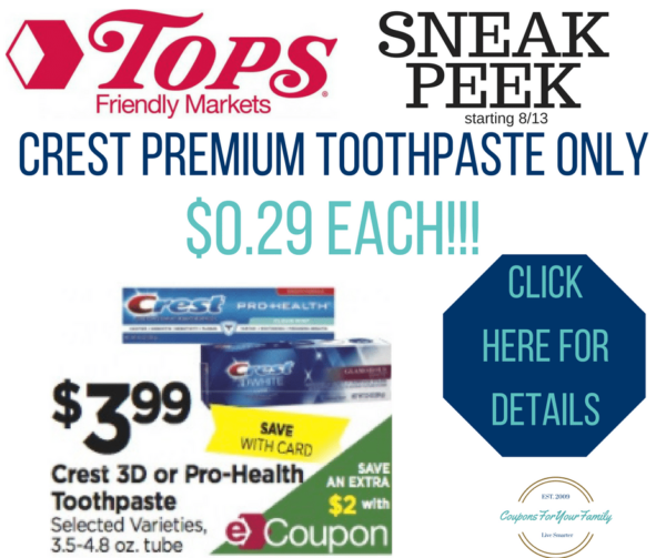 *HOT* Crest Premium toothpaste only $.29 at Tops starting 8/13!!!